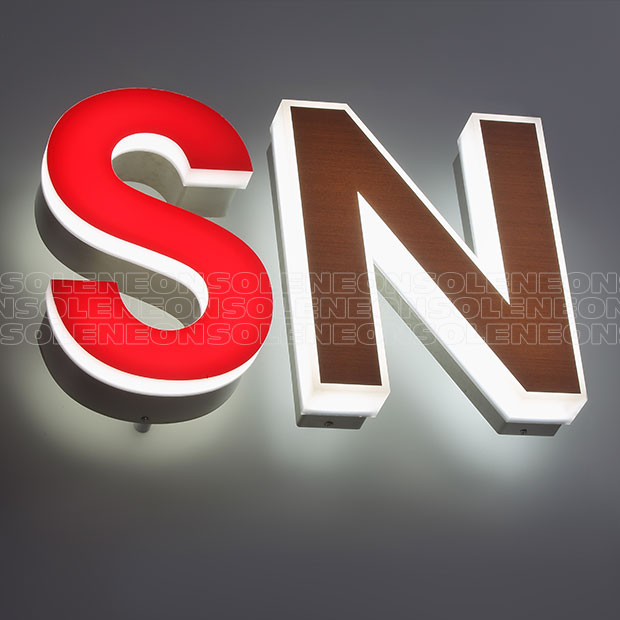 Solid acrylic letters with metal sides & direct / halo lighting